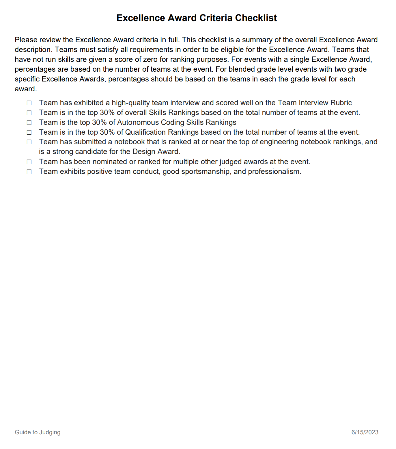 Judging Resource: Excellence Award Criteria Checklist – REC Library